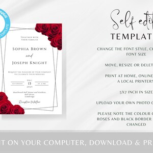 Red Wedding Invitation Template, Printable Red Rose & Black Border ...