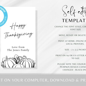 Editable Thanksgiving Gift Tag Template, Pumpkin Printable Party Tags ...