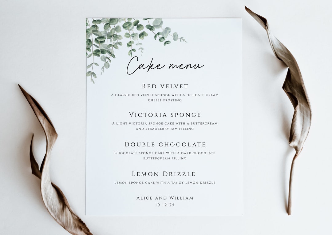 Cake Menu Sign Template, Eucalyptus Wedding Cake Sign Printable ...