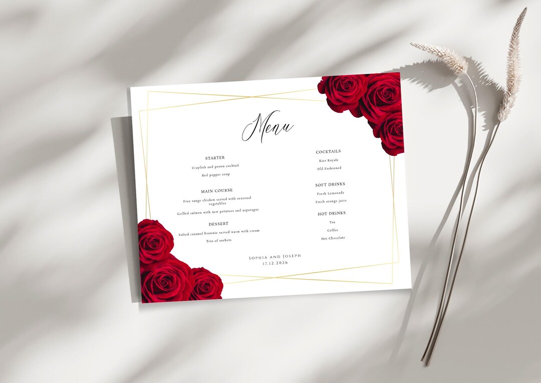 Red Rose Wedding Menu Template Printable, Editable Wedding Menu Card ...