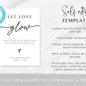 Wedding Glow Stick Sign Template, Let Love Glow Printable Sign, Light ...