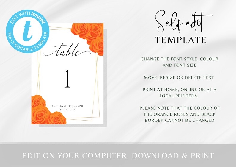 Wedding Table Number Template, Orange and Gold Table Number Signs, Diy ...