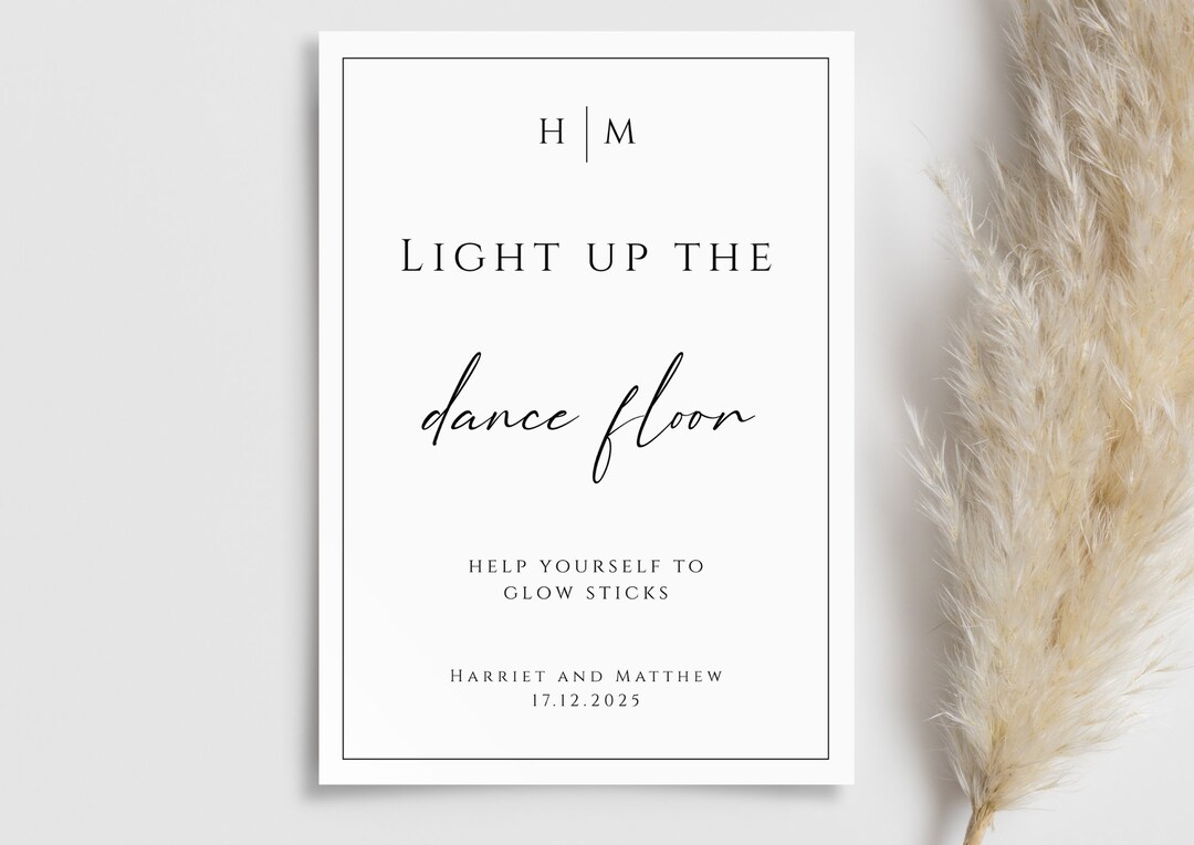 Glow Sticks Sign Template Printable, Wedding Monogram Light up the ...