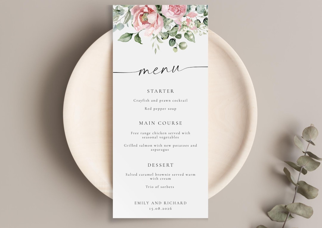 Pink Wedding Menu Template, Printable Tall Floral and Greenery Dinner ...