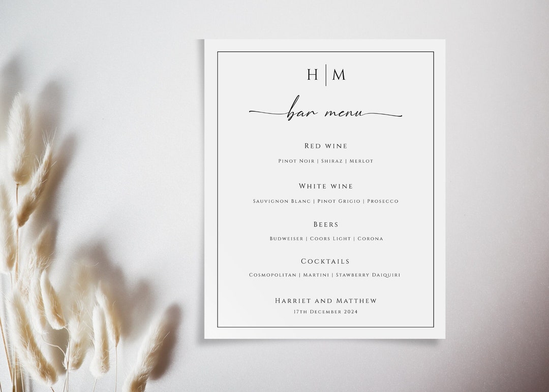 Wedding Bar Menu Template, Monogram Wedding Drinks Menu Sign, Black ...