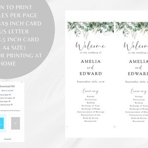 Greenery Wedding Program Template, Printable and Editable Ceremony, Eucalyptus Tall Double Sided ...