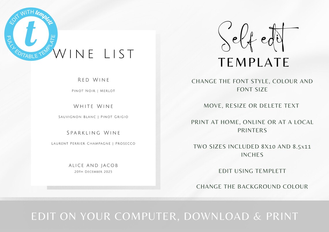 Wine List Printable Sign Template, Editable Wedding Wine Menu Sign ...
