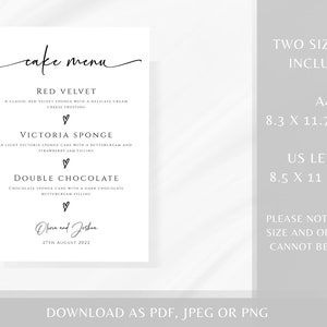 Modern Cake Menu Sign Template, Minimalist Wedding Cake Flavour ...