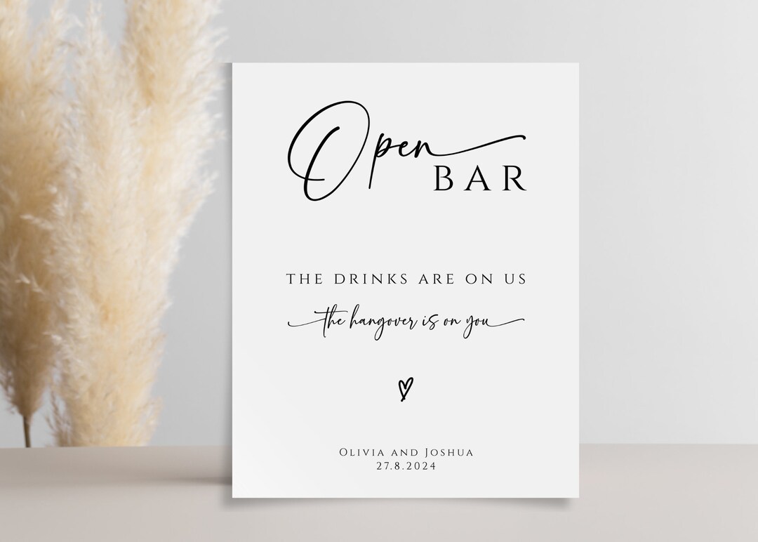 Open Bar Sign Template, Modern Wedding Open Bar Printable Sign, Drinks ...