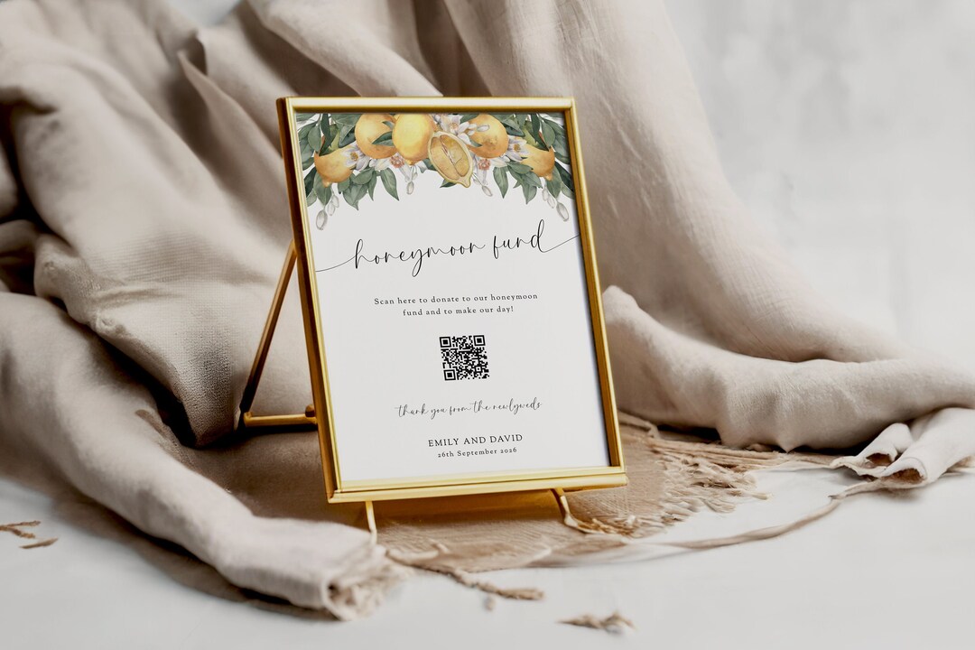 Lemon Honeymoon Fund QR Code Sign Template, Printable Wedding QR Code ...