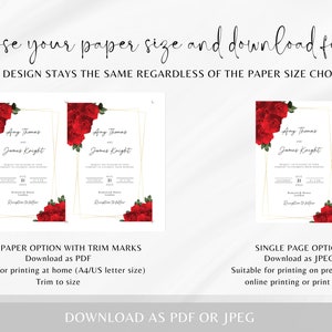 Red Wedding Invitation Template Set, Red Rose Floral With Gold Frame ...