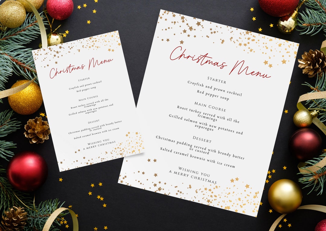 Red and Gold Christmas Dinner Menu Template, Gold Stars Diy Printable ...