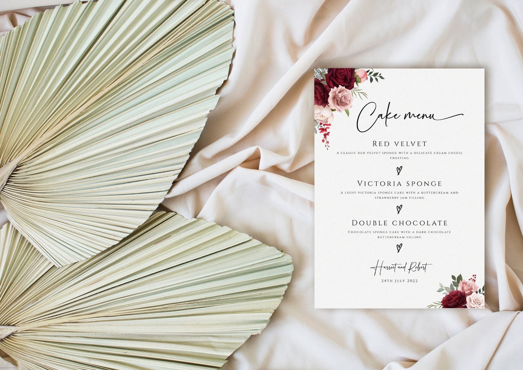 Cake Menu Sign Template, Red and Pink Floral Wedding Lets Eat Cake Sign ...