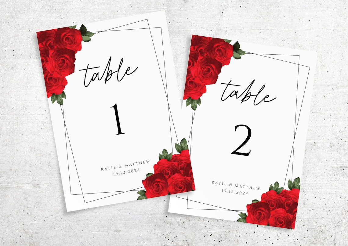 Wedding Table Number Template, Red and Black Table Number Signs ...