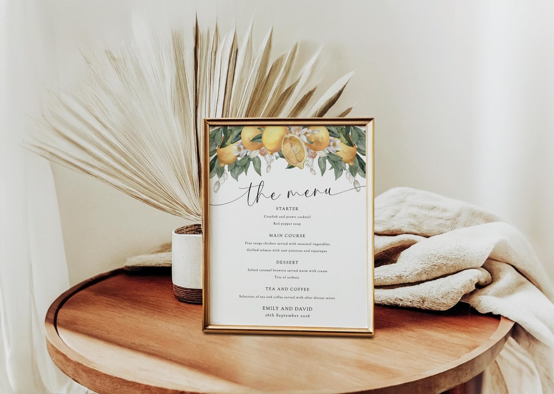 Lemon Wedding Menu Template: Greenery DIY Printable (templett Download ...