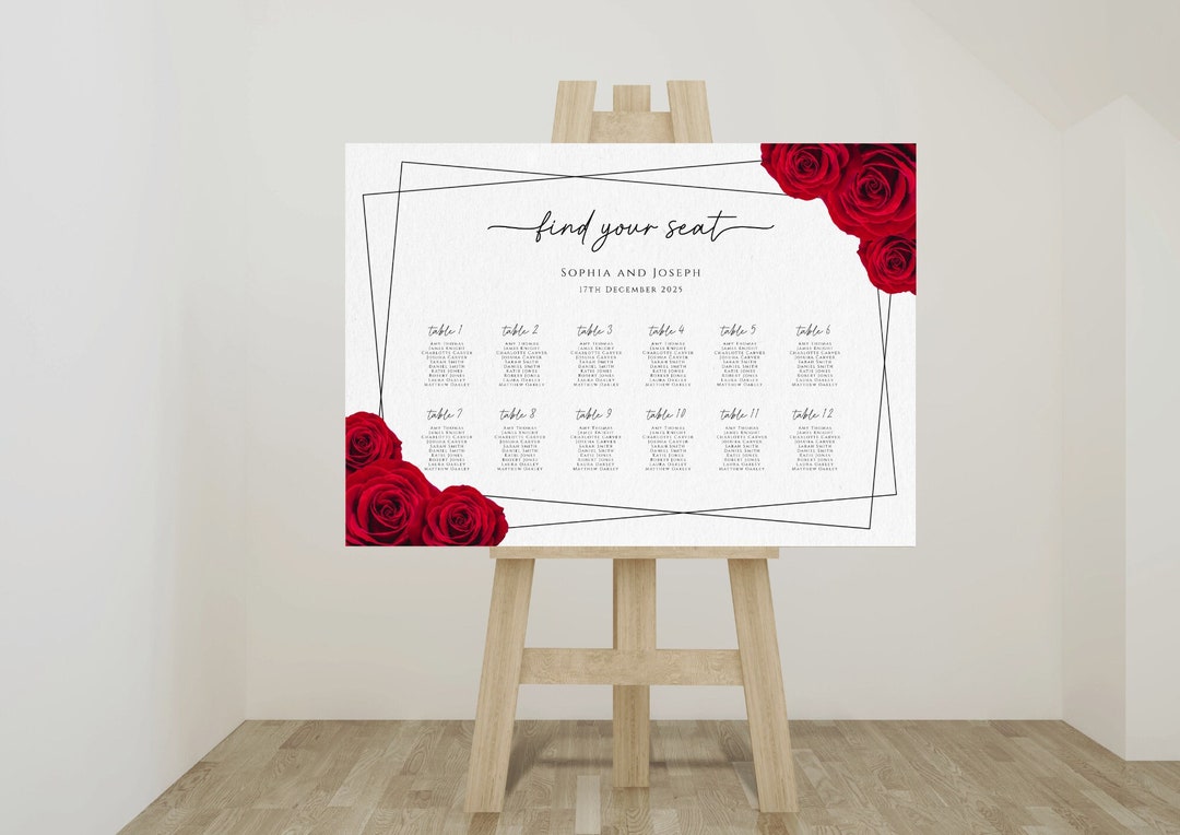 Red Rose Wedding Seating Chart Sign Template, Red and Black Printable ...