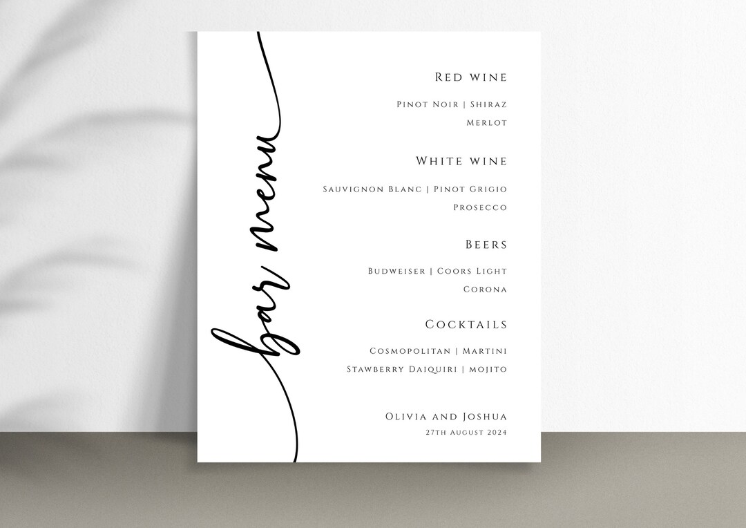 Wedding Bar Menu Template, Modern Drinks Menu Sign, Printable Diy Menu ...