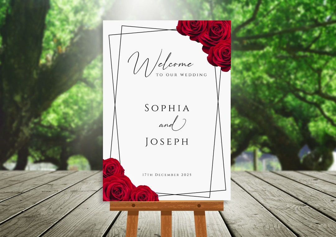Red Wedding Welcome Sign Template, Red Rose and Black Border Welcome ...
