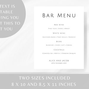 Editable Bar Menu Template, Printable Wedding Drinks Menu Diy Sign ...