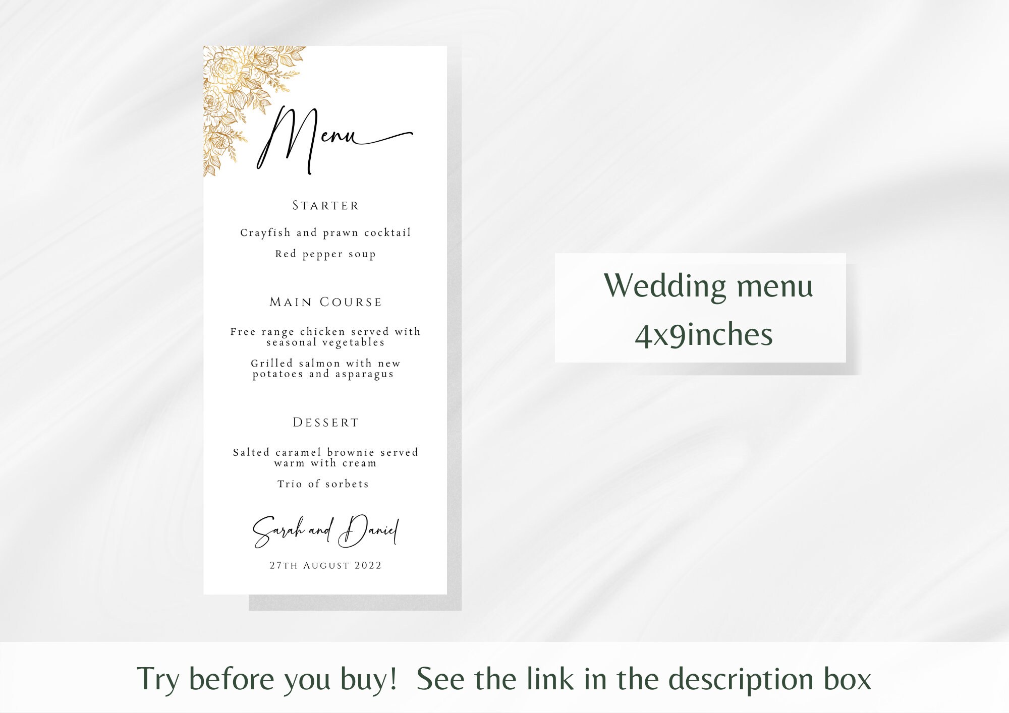 Gold Menu Template Printable Gold Floral Wedding Menu | Etsy