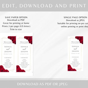 Wedding Program Template, Red Rose Wedding Ceremony Program, Gold Frame ...