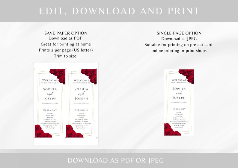 Wedding Program Template, Red Rose Wedding Ceremony Program, Gold Frame ...