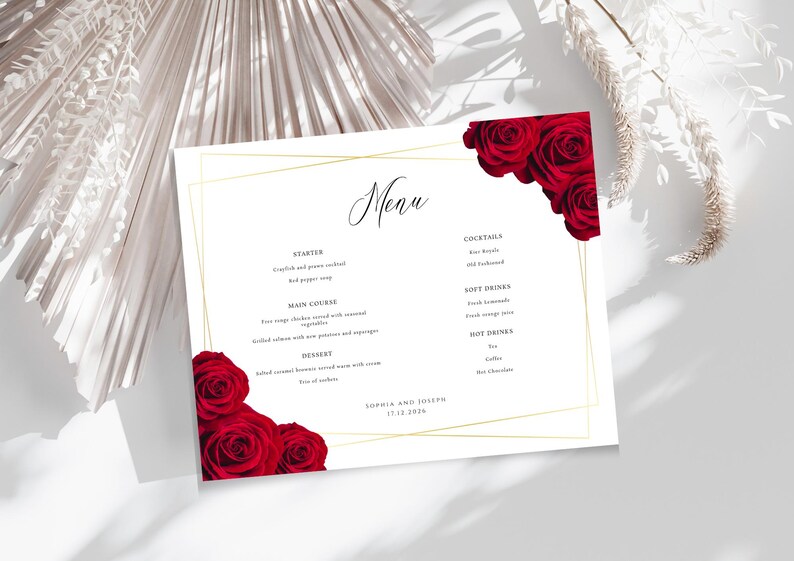 Red Rose Wedding Menu Template Printable, Editable Wedding Menu Card ...
