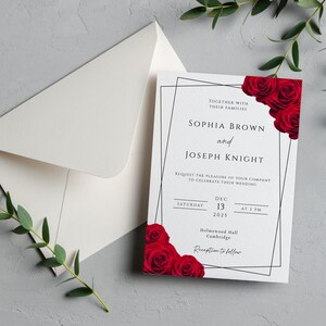 Red Wedding Invitation Template, Printable Red Rose & Black Border ...