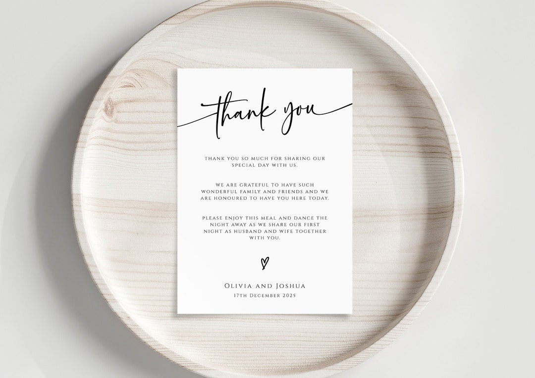 Modern Thank You Note Template, Wedding Place Setting Thank You Card ...