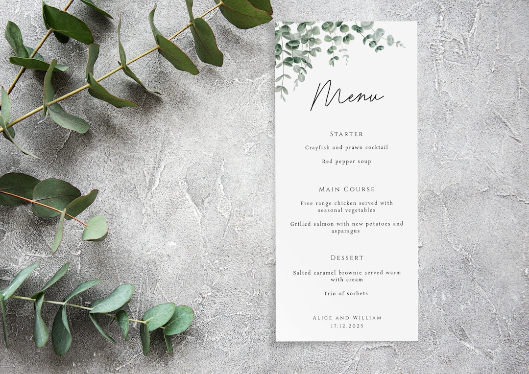 Eucalyptus Wedding Menu Template, Green Tall Wedding Menu Sign ...