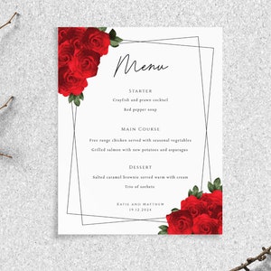 Red Rose Wedding Menu Template, Red and Black Wedding Menu Card, Black ...