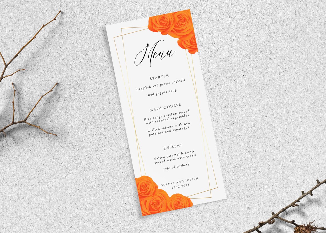Orange and Gold Menu Template, Orange Rose Tall Wedding Menu Sign, Gold ...