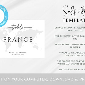 Editable Country Wedding Table Name Template, World Map Table Number ...