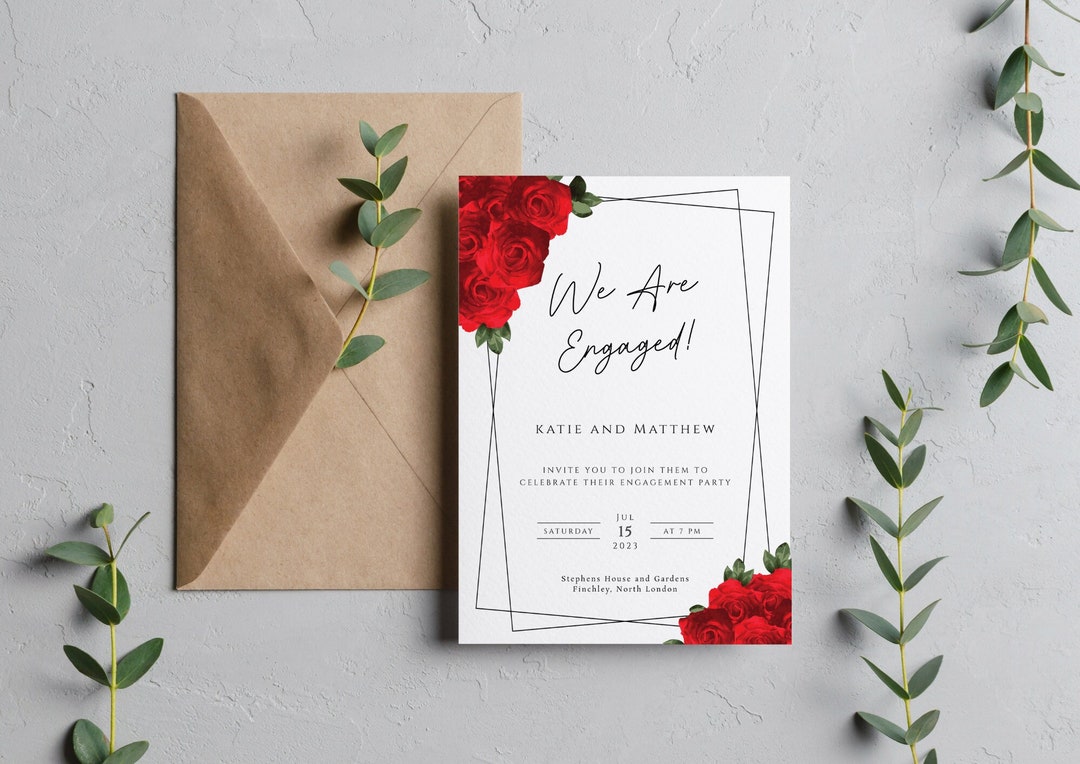 Red Engagement Party Invitation Template With Roses, Red Floral Black ...