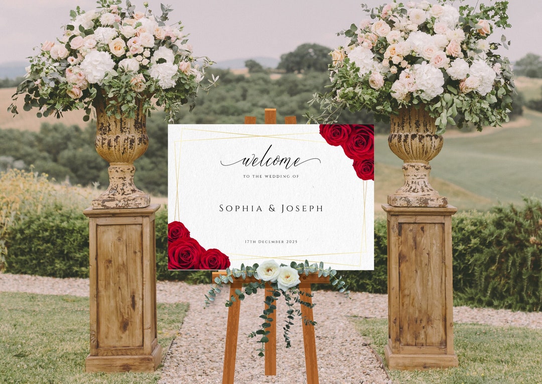 Red and Gold Wedding Welcome Sign Template, Printable Red Rose and Gold ...