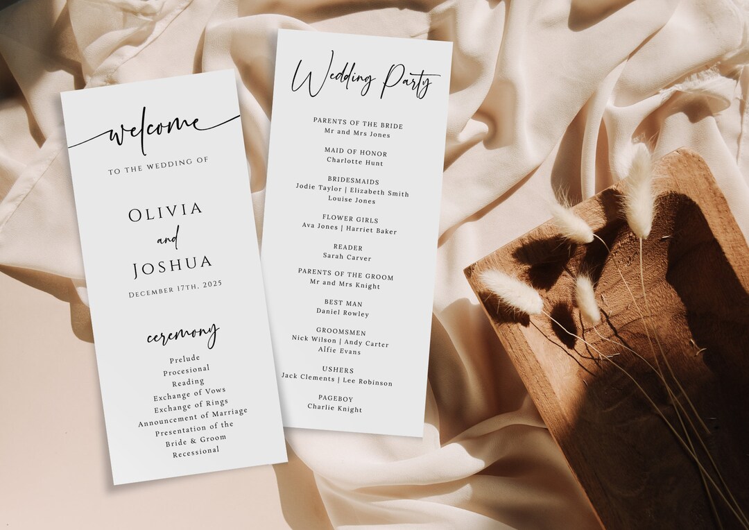 Modern Wedding Program Template, Tall Printable Double Sided, Simple ...