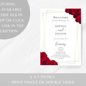 Red Wedding Program Template, Red Rose and Gold Border Printable ...