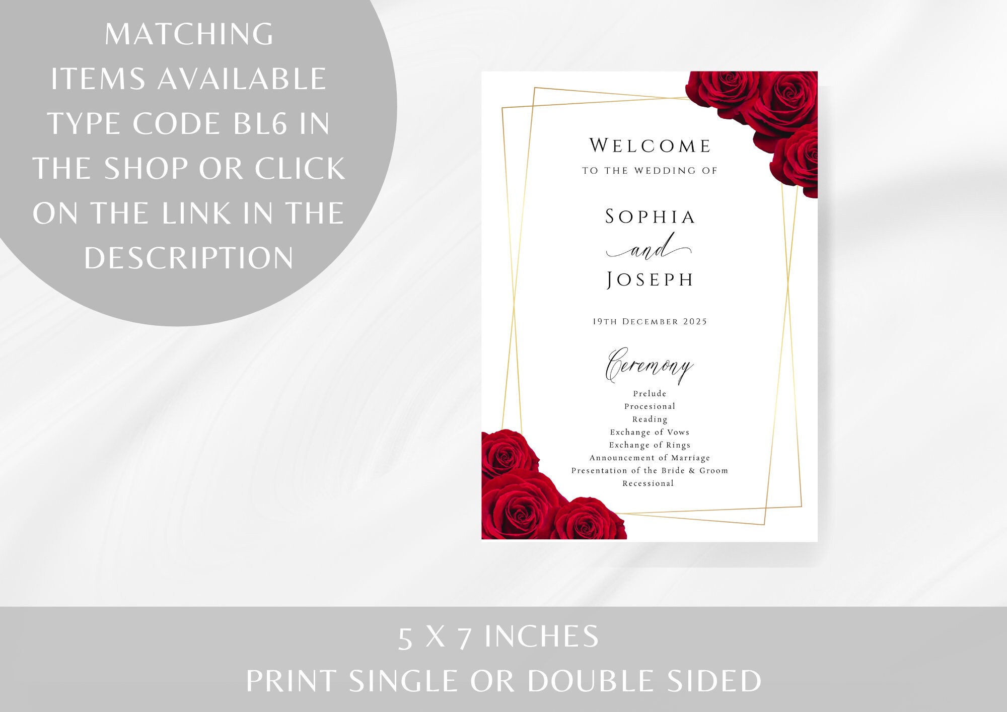 Red Wedding Program Template, Red Rose and Gold Border Printable ...