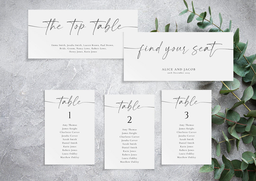 Wedding Seating Chart Cards Template, Printable Modern Black and White ...