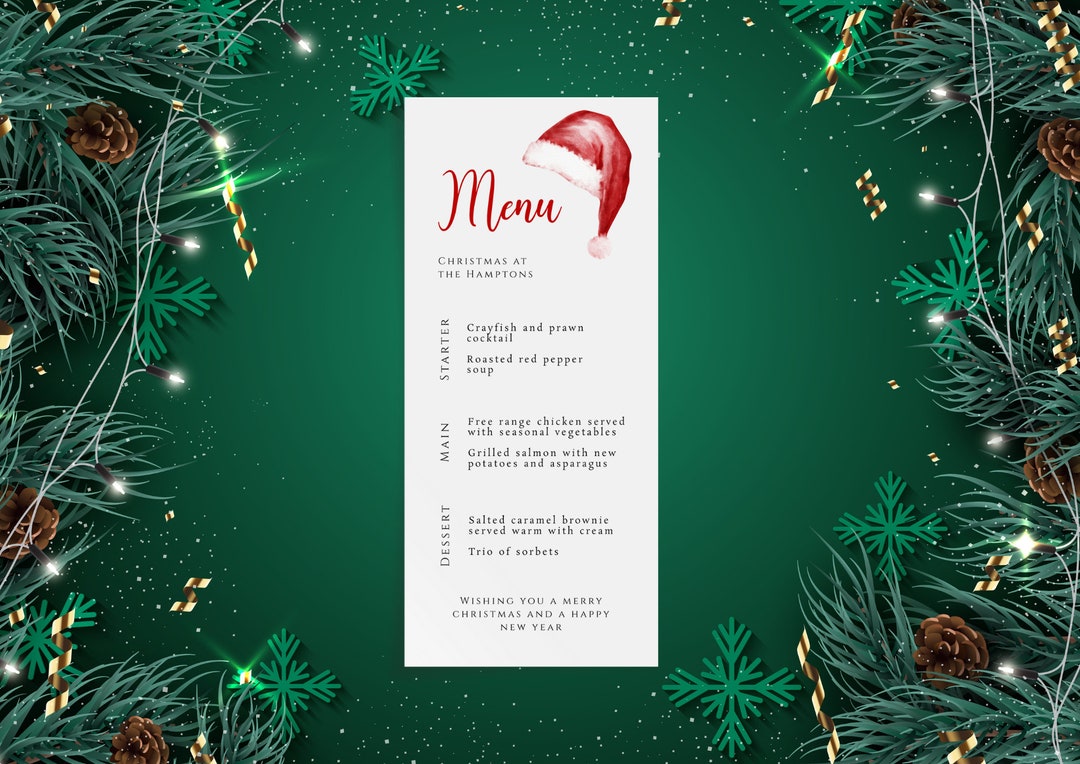 Christmas Party Dinner Menu Template, Santa Hat Printable Menu ...