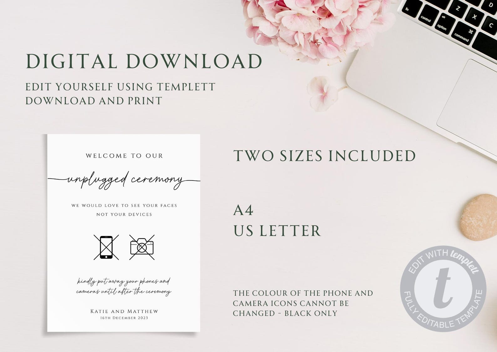 Unplugged Ceremony Sign Template: No Devices Wedding Printable (A4, US ...