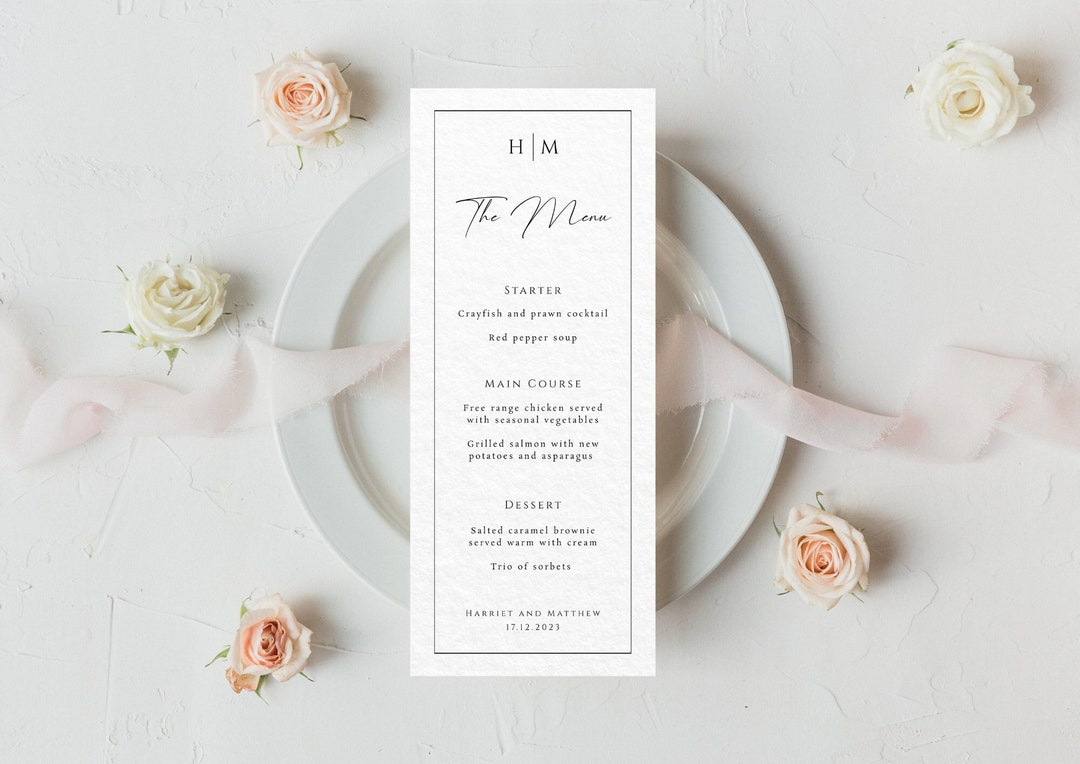 Monogram Wedding Menu Template, Tall Wedding Menu Sign, Black Border ...
