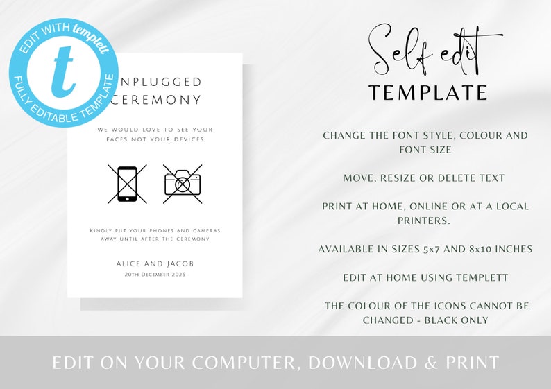 Unplugged Ceremony Printable Sign Template, Editable No Phones or ...