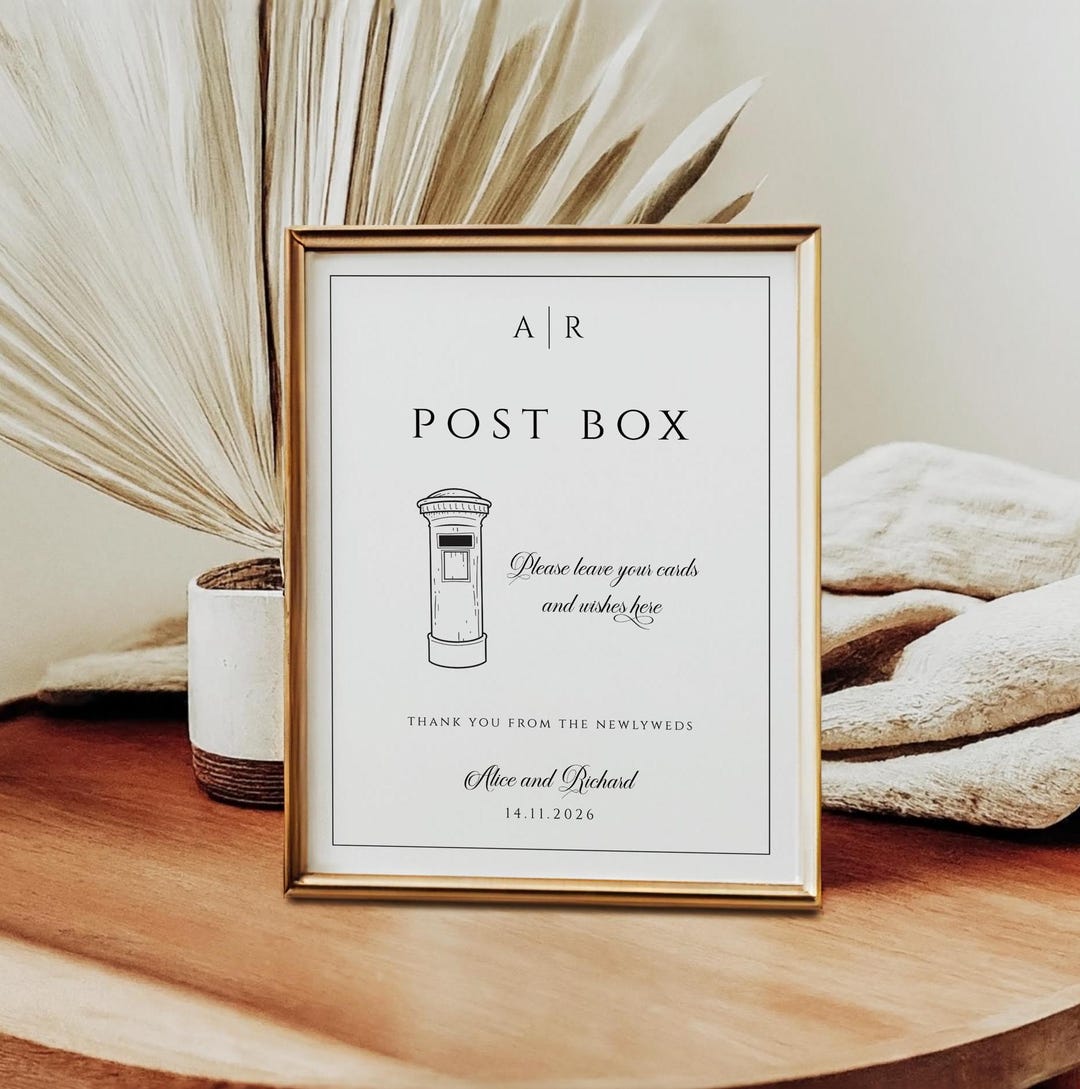 Wedding Post Box Sign Template, Monogram Black Border Printable Cards ...