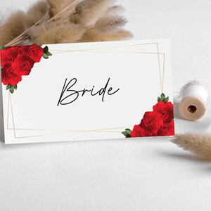 Red and Gold Place Card Template, Wedding Red Roses & Gold Border Name ...