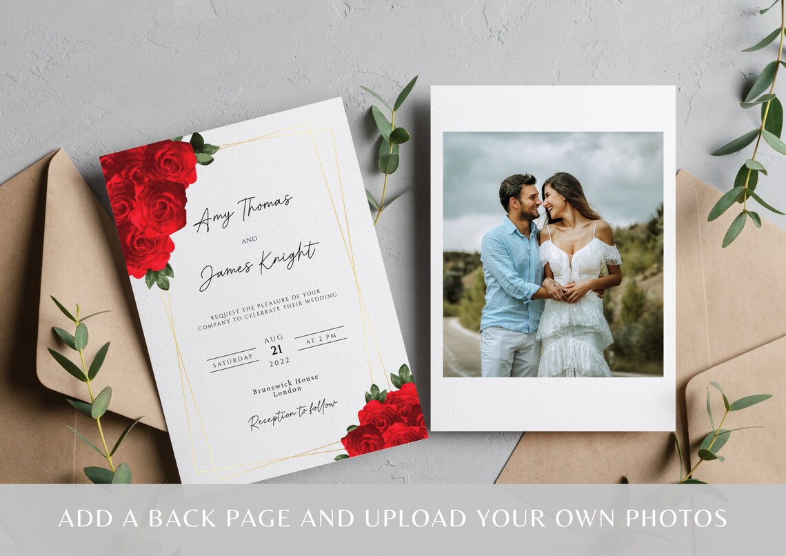 Red Wedding Invitation Template Set Red Rose Floral With Gold - Etsy