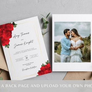 Red Wedding Invitation Template Set, Red Rose Floral With Gold Frame ...