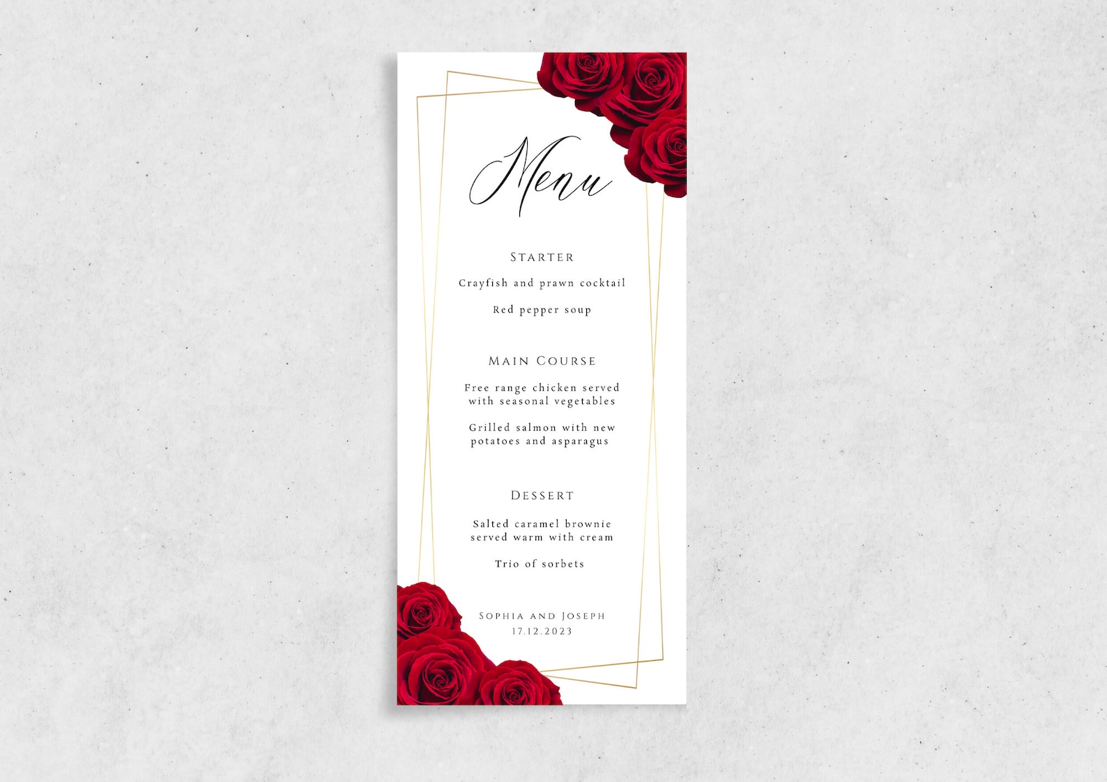 Red and Gold Wedding Menu Template, Red Rose Tall Wedding Menu Sign ...