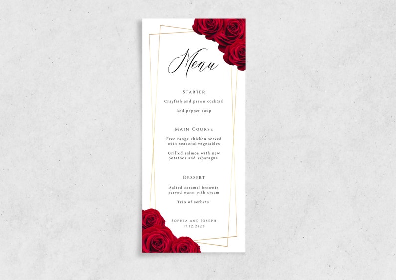 Red and Gold Wedding Menu Template, Red Rose Tall Wedding Menu Sign ...