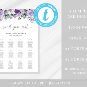 Purple Table Plan Template, Wedding Editable Seating Chart Sign, Lilac ...